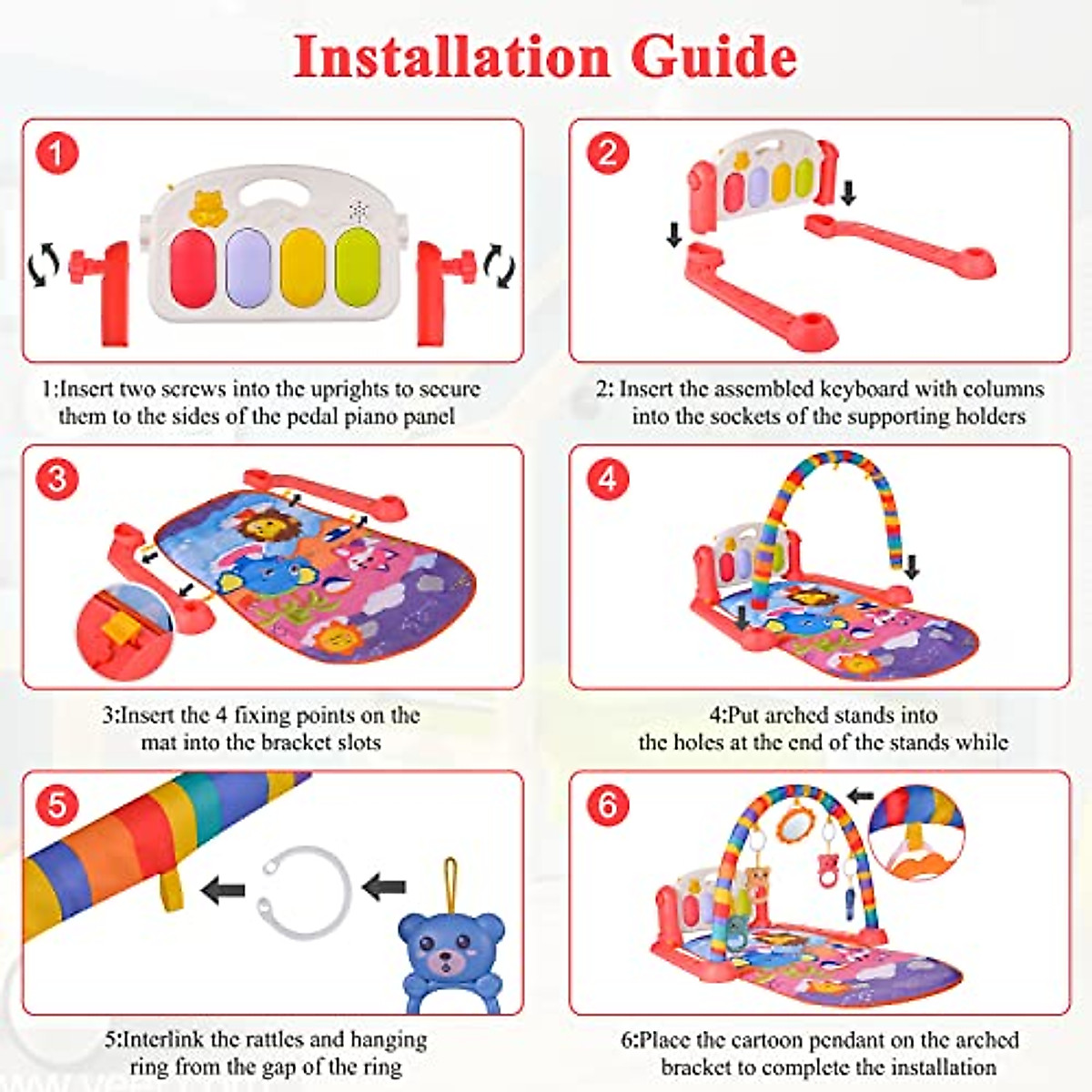 Baby Play Mat, Baby Activity Mat with Kick Piano, Baby Floor Mat with Bear Rattle, Kick and Play Piano Gym Activity Center for Baby, Baby Music Toys for 0-12 Months