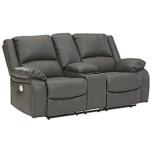 Signature Design by Ashley Calderwell Faux Leather Power Double Reclining Loveseat with Storage Console, Gray