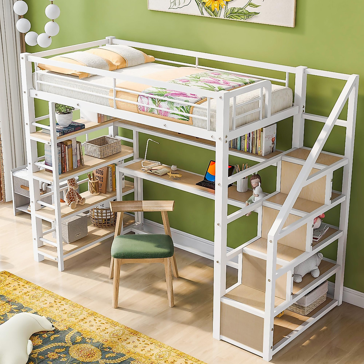 3 in 1 Design Full Size Loft Bed with Storage Staircase, Heavy Duty Metal Loft Bed Frame with Built-in Desk,3-Tier Storage Shelves and Guardrails for Bedroom Guest Room Apartment, Space Saving