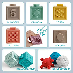 Baby Blocks 15PCS with Toddlers Sensory Balls-Soft Stacking Blocks Colorful Sensory Toys for Babies 6-12 Months and up Educational Developing Infants Teething Toys with Numbers Animals Shapes