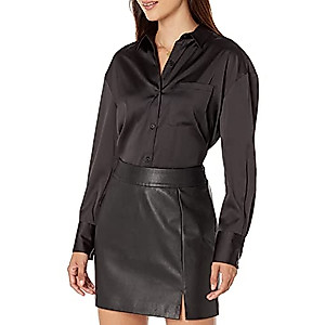 The Drop Women's Black, Logan Silky Long Sleeve Basic Button Down Shirt, L