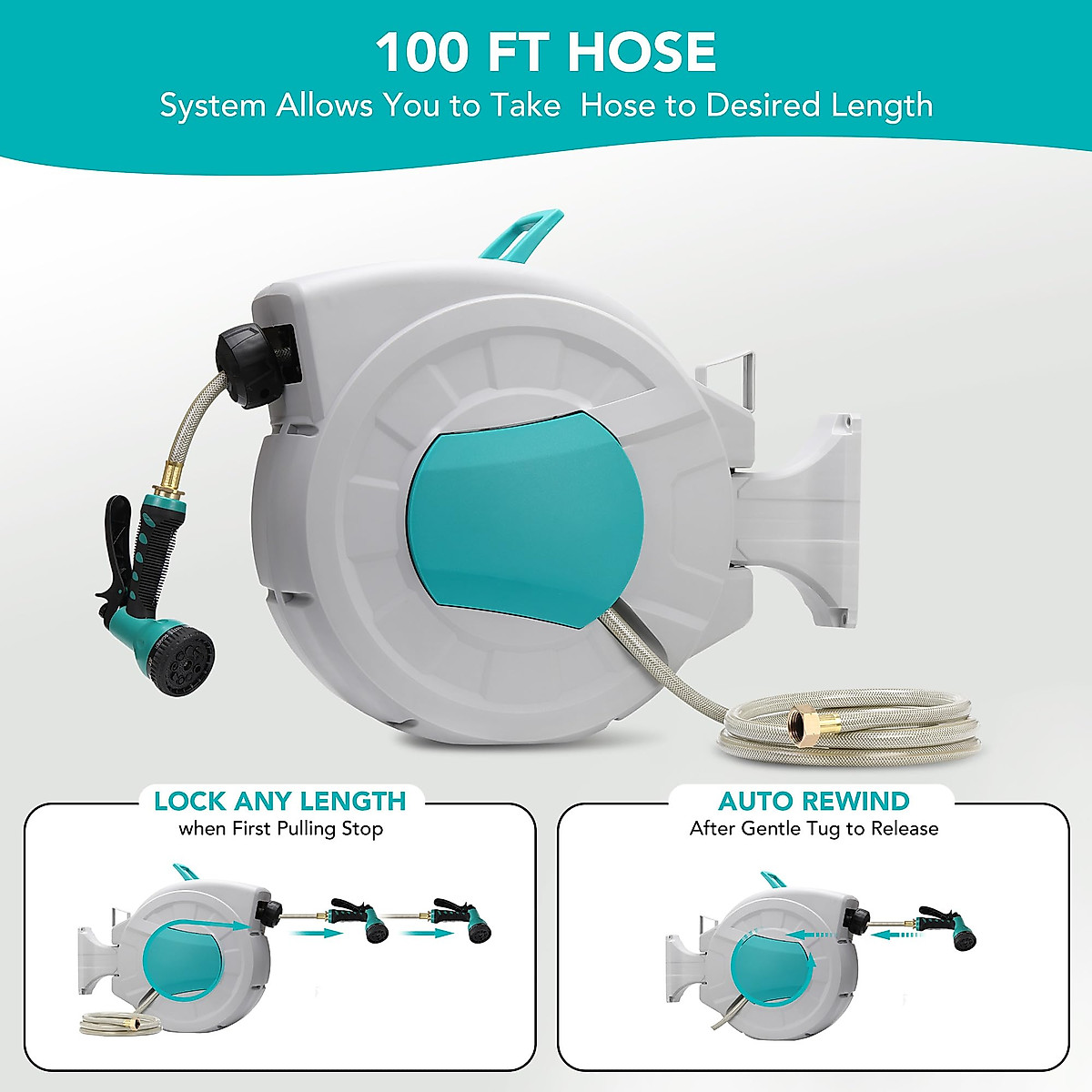 IDEALHOUSE Retractable Garden Hose Reel, 1/2 in x 100 ft Wall-mounted Hose Reel, with 9- Function Sprayer Nozzle, Any Length Lock/180° Swivel Bracket/Automatic Rewind/Slow Return System/Easy Watering