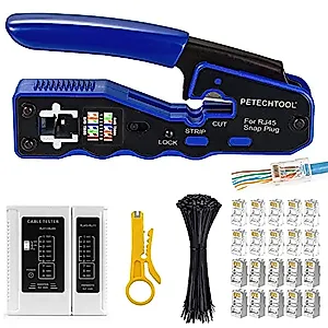 RJ45 Crimp Tool All-in-one Ethernet Crimping Tool Stripper Cutter for Pass Through Cat5 Cat6 Connectors with Cable Tester and Cat6 UTP and Shield Connectors and Black Cable Tie