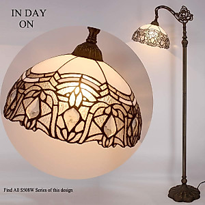 WERFACTORY Tiffany Floor Lamp White Crystal Bent Stained Glass Arched Lamp 12X18X64 Inches Gooseneck Adjustable Corner Standing Reading Light Decor Bedroom Living Room S508W Series