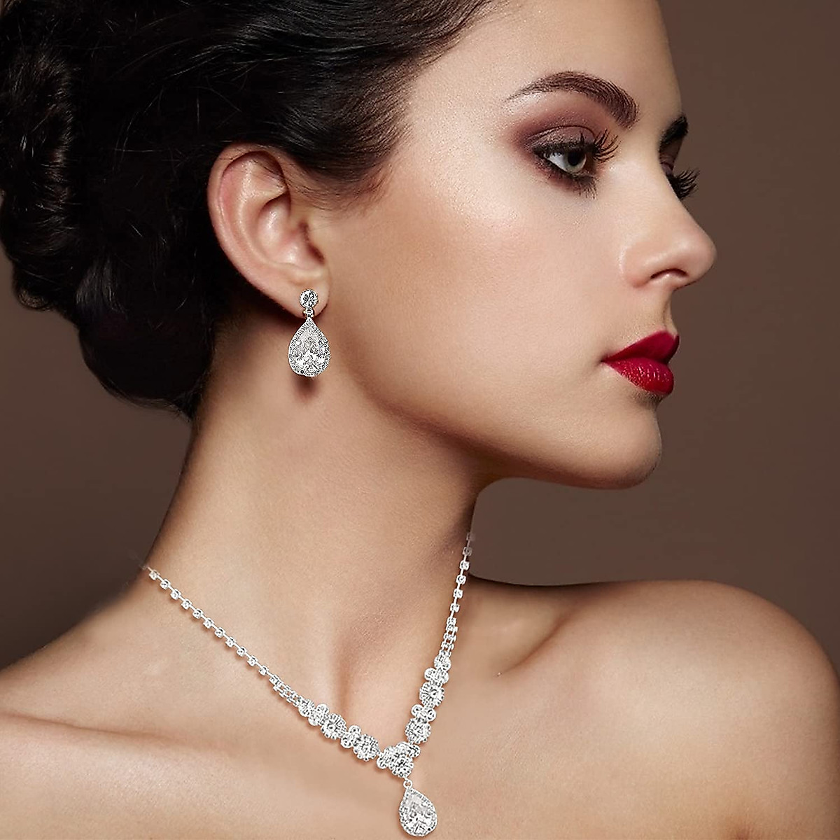 COCIDE Bride Jewelry Set Silver Crystal Wedding Necklace Earrings Bridal Rhinestone Teardrop Pendant Accessories for Women and Bridesmaids (3 piece set - 2 earrings and 1 necklace)