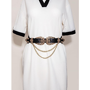 Verdusa Women's Double Buckle Chain Cowgirl Belts Leather Elastic Waist Belt Black 90