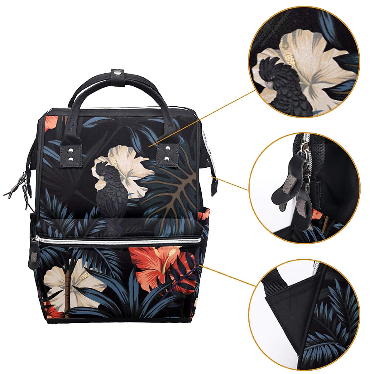 Inhomer Hawaiian Jungle Palm Leave Black Parrot Diaper Bag Travel Mom Bags Nappy Backpack Large Capacity for Baby Care
