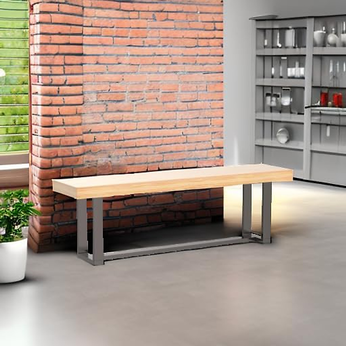 SOSPIRO 60 inch Solid Wooden Dining Bench with Metal Frame, Farmhouse Indoor Kitchen Table Bench Seating for Dining Room Living Room Entryway, Brown