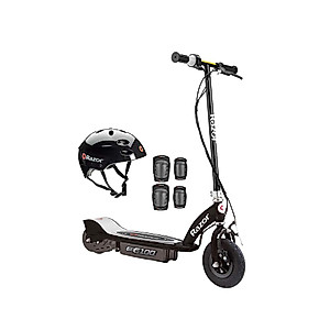 Razor E100 Kids Ride On 24V Motorized Powered Electric Scooter Toy, Speeds up to 10 MPH with Helmet and Safety Elbow Knee Pad Set, Black