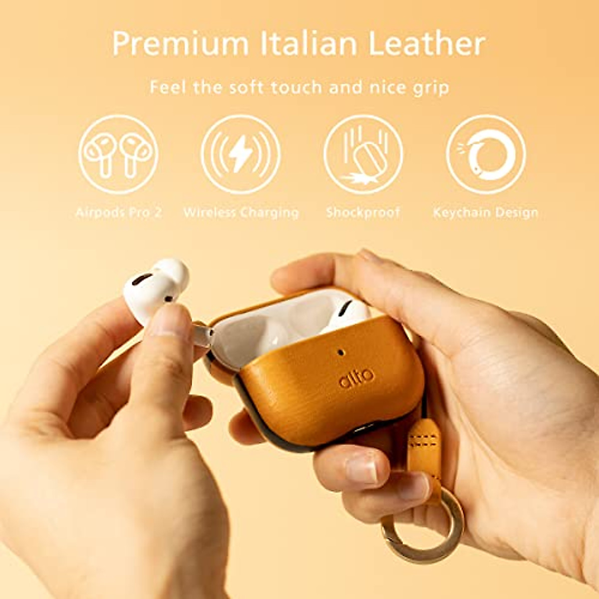 Alto Case for AirPods Pro 2 with Keychain, Italian Leather Case Cover Compatible AirPods Pro 2nd Generation 2022 Women Men Protective Hard Shell Supports Wireless Charging Front LED Visible (Brown)