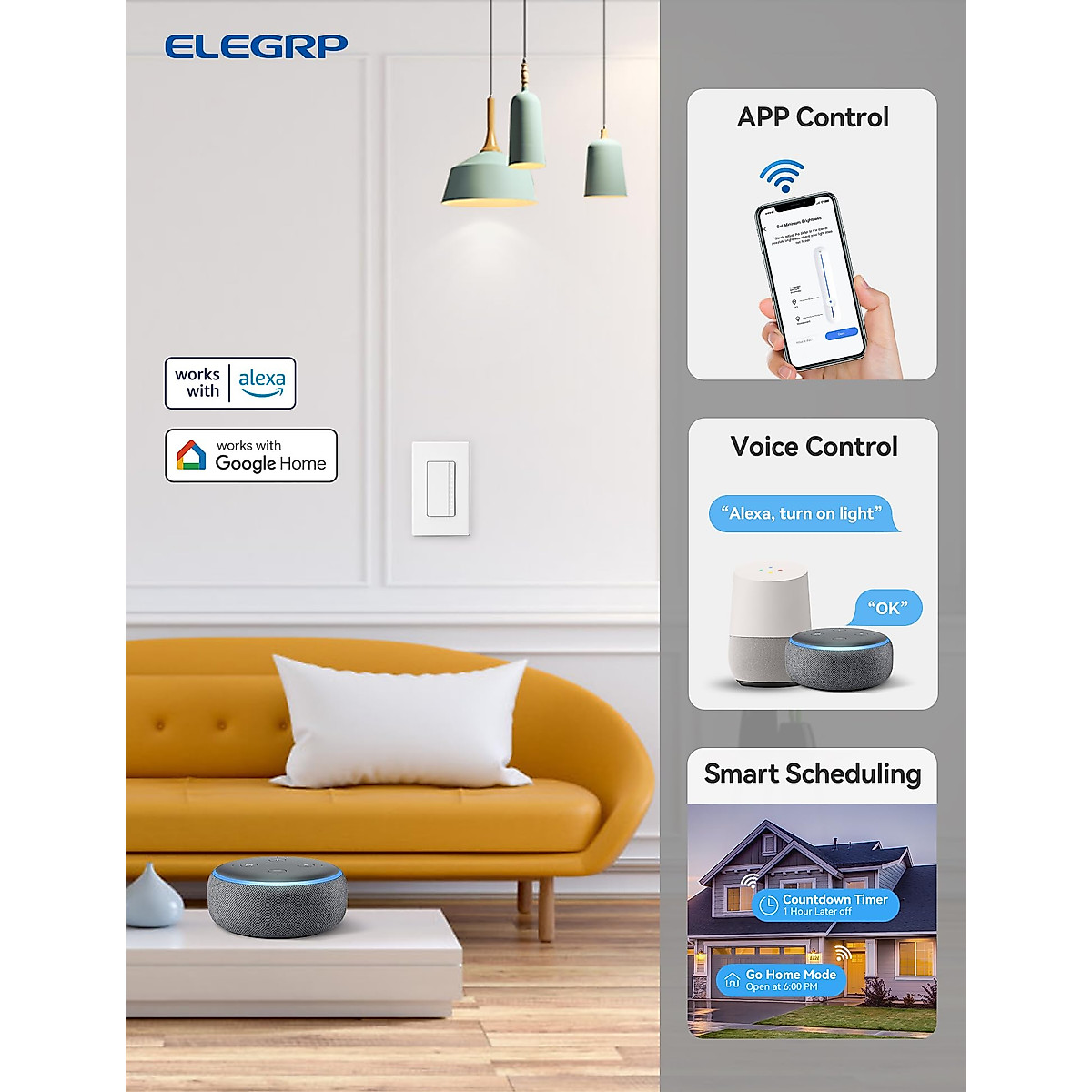 ELEGRP Single Pole Smart Dimmer Light Switch DPR10, 2.4GHz Wi-Fi Dimmer Switch Compatible with Alexa and Google Assistant, Needs Neutral Wire, No Hub Required, UL and FCC Listed, White, 1 Pack