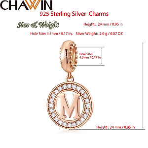 CHAWIN Initial M Letter Charms, Alphabet Charms Rose Gold, Authentic 925 Sterling Silver Charms fit Pandora Charm Bracelets, Necklace, Circle Dangle Charm Gift for Women, Sparkling Clear Stones