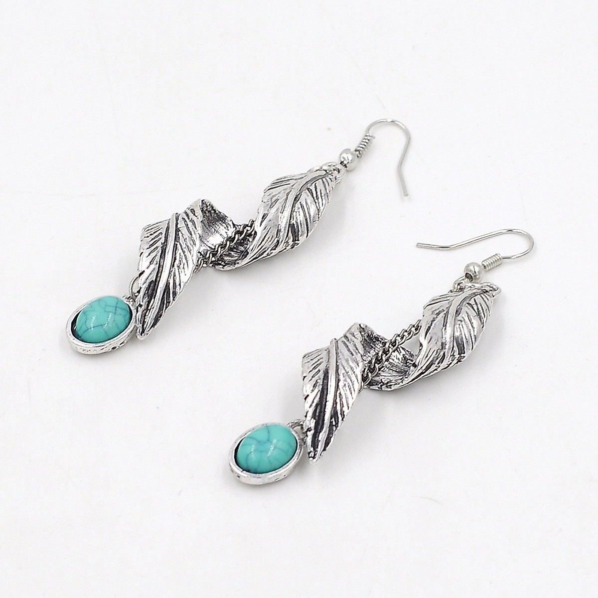 CAFUDEYE Women Bohemian Tribal Antique Silver Leave Dangle Earrings Vintage Feather Turquoise Bead Drop Earrings Nickel Free