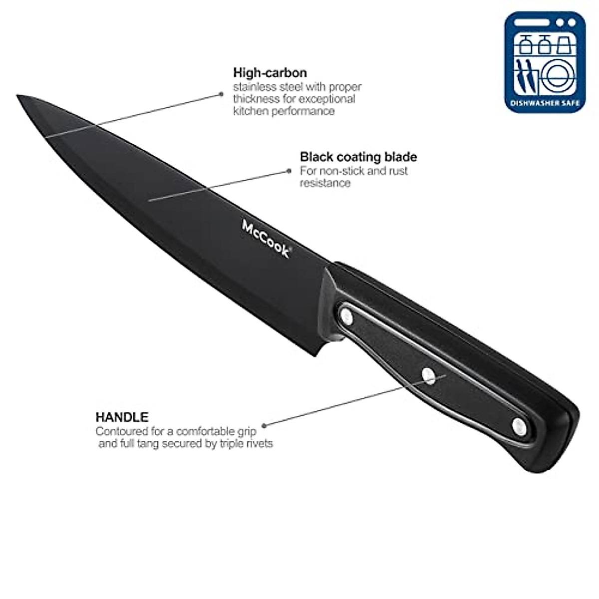 McCook Knife Set with Built-in Sharpener Block, MC701 Kitchen Knife Set with Block, 26 Pcs High Carbon Stainless Steel Kitchen Knife Sets with Block Self Sharpening, Black