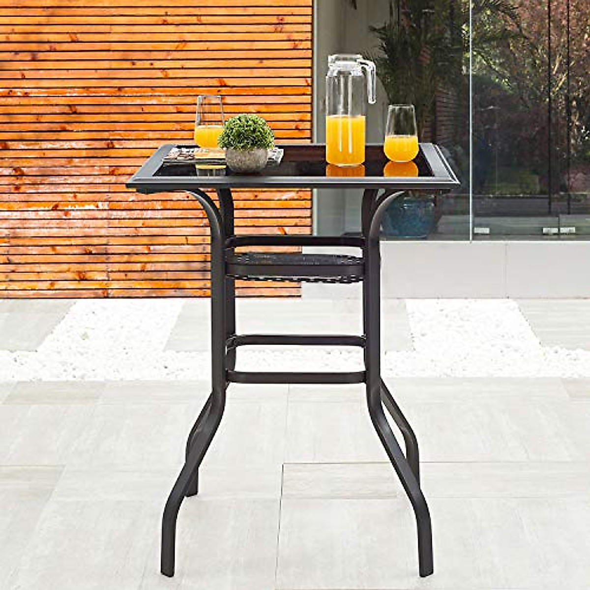 LOKATSE HOME High Outdoor Patio Bar Height Glass Top Table, Black