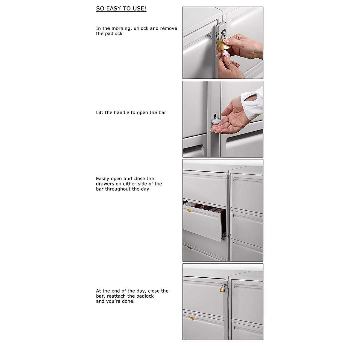 Guardianite File Cabinet Locking Bar. Fits 4 Drawer File Cabinets. Includes Padlock and Cobalt Drill Bit. (Beige)