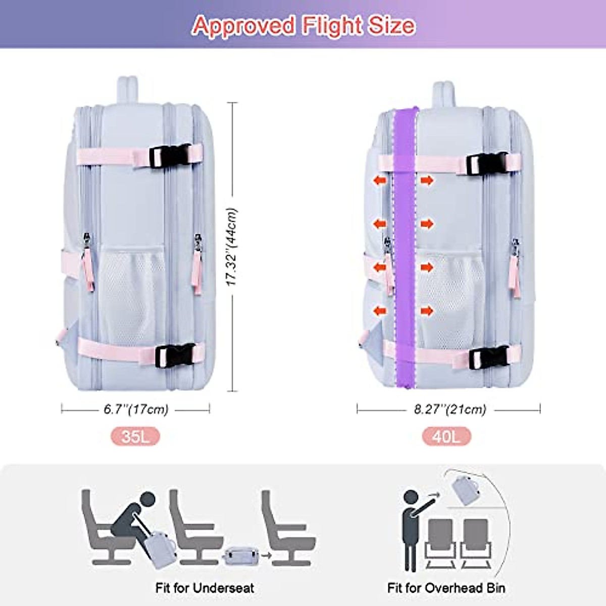 Sinaliy Large Travel Backpack (Black+Purple), 40L Carry On Backpack, 17 Inch Laptop Backpack, Waterproof Backpack, College Bookbag, Laptop Backpack, Backpack for Women, as Person Item Flight Approved