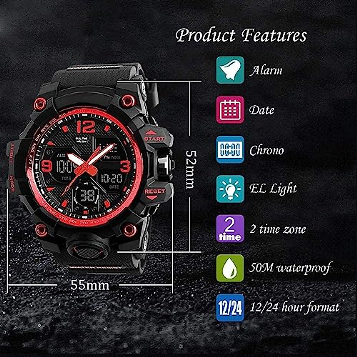 LYMFHCH Men's Analog Sports Watch, LED Military Digital Watch Electronic Stopwatch Large Dual Dial Time Outdoor Army Wrist Watch Tactical