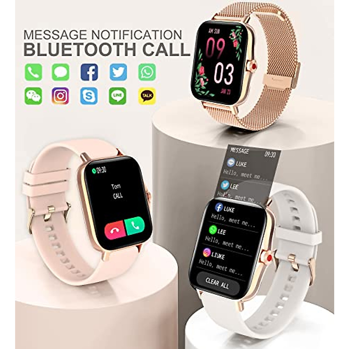 Iaret Smart Watch for Women(Call Receive/Dial), Fitness Tracker Waterproof Smartwatch for Android iOS Phones 1.7" HD Full Touch Screen Digital Watches with Heart Rate Sleep Monitor Pedometer, White