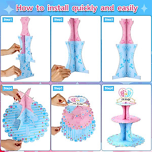 Gender Reveal Party Cupcake Stand Decorations, Blue and Pink 3 Tier Baby Shower Cupcake Toppers Tower Cardboard Supplies for Boy Girl Baby Gender Reveal Birthday Party Favors