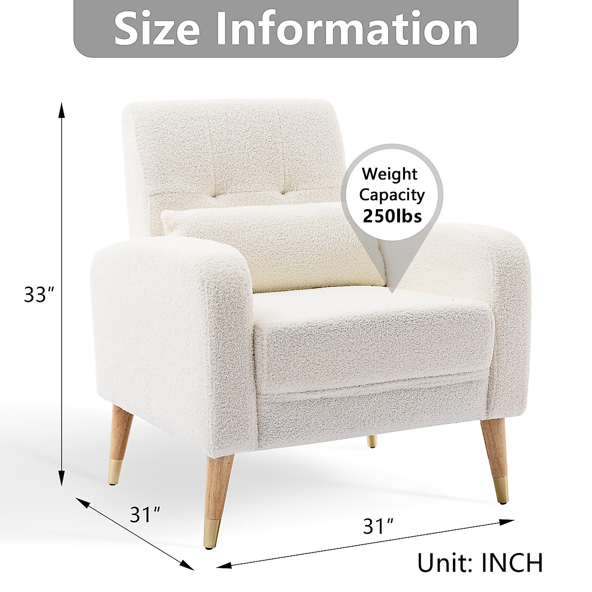 Dolonm Mid-Century Modern Accent Chair, Upholstered Armchair Living Room Chair, Comfy Single Sofa Chair with Sturdy Legs, Polyester Fabric Chair for Living Room Bedroom, White