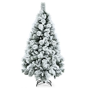 Goplus 7ft Snow Flocked Artificial Christmas Tree, Premium Hinged Pine Tree with Metal Stand, 100% New PVC Material, Unlit Xmas Tree for Indoor and Outdoor