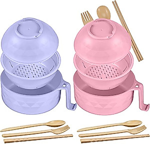 2 Sets Microwave Ramen Cooker Bowl Set Quick Ramen Cooker with Handles Ramen Noodle Cooker with Spoon Chopsticks Fork College Dorm Room Apartment Essentials for Girls and Boys (Pink, Blue)