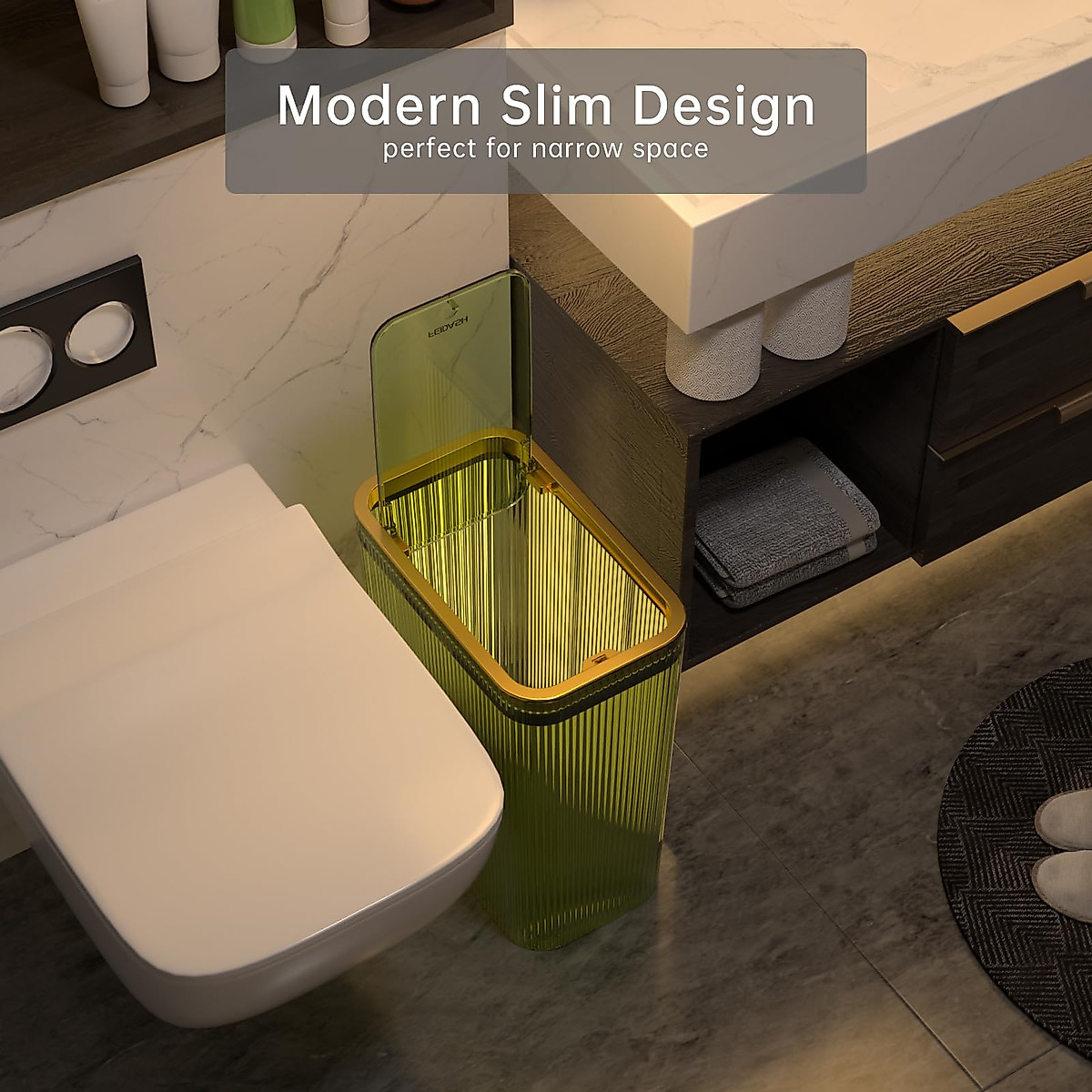 2 Pack Bathroom Trash Can with Lid, 2.6 Gallon Small Garbage Can with Pop-Up Lid Stylish Clear Waste Basket, Plastic Slim Trash Bin Dog Proof, Green Bedroom Trash Can, Small Bathroom Trash Can