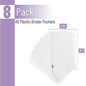 Mr. Pen A5 Plastic Binder Pockets, 8 Pieces, 6 Ring Binder Holes, 8 Pcs, Clear Envelopes for Cash, Money Organizer, Lightweight, Easy to Carry
