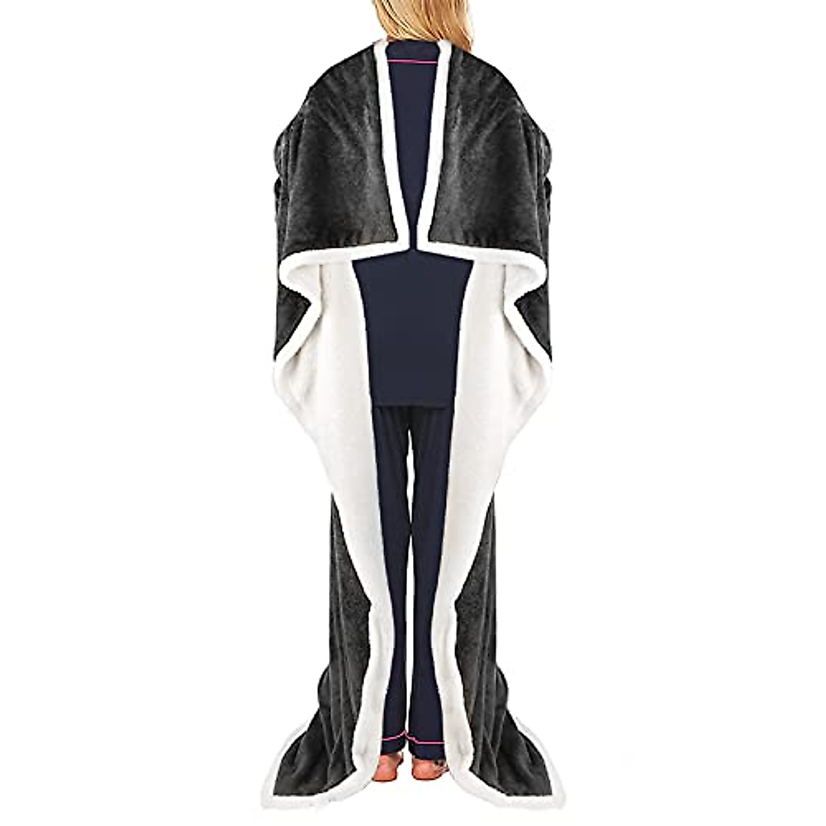 Linkidea Sherpa Wearable Blanket with Sleeves & Pockets for Adult Women and Men, Plush Fleece Robe TV Blanket for Couch, Sofa (Gray)