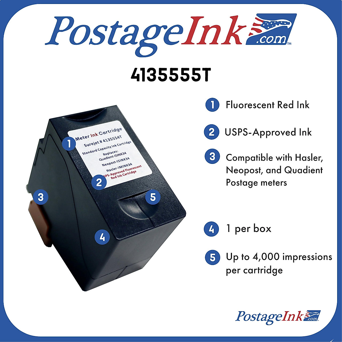 PostageInk.com ISINK34 / IMINK34 Sure.Jet # 4135554T Non-OEM Ink Cartridge Replacement for IM330, IM350, IM420, IM440, IM460, IM480 and IM490 Postage Meters