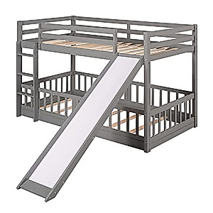 Merax Twin Over Twin Bunk Bed with Slide and Ladder, No Box Spring Needed, Gray