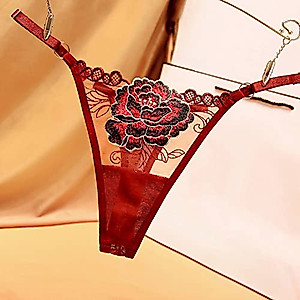 Underwear Women Sexy Thongs for Women Naughty Slutty Low Rise Embroidery Underwire Mesh Lace T-Back Thong Breathable Stretch Hollow Out Panty Underwear Wine