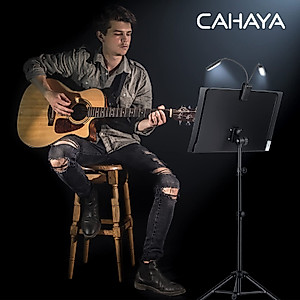 CAHAYA 6 IN 1 Sheet Music Stand with Stand Light Desktop Book Stand with Carrying Bag, Sheet Music Folder & Clip Metal Portable Solid Back for Guitar, Ukulele, Violin Players