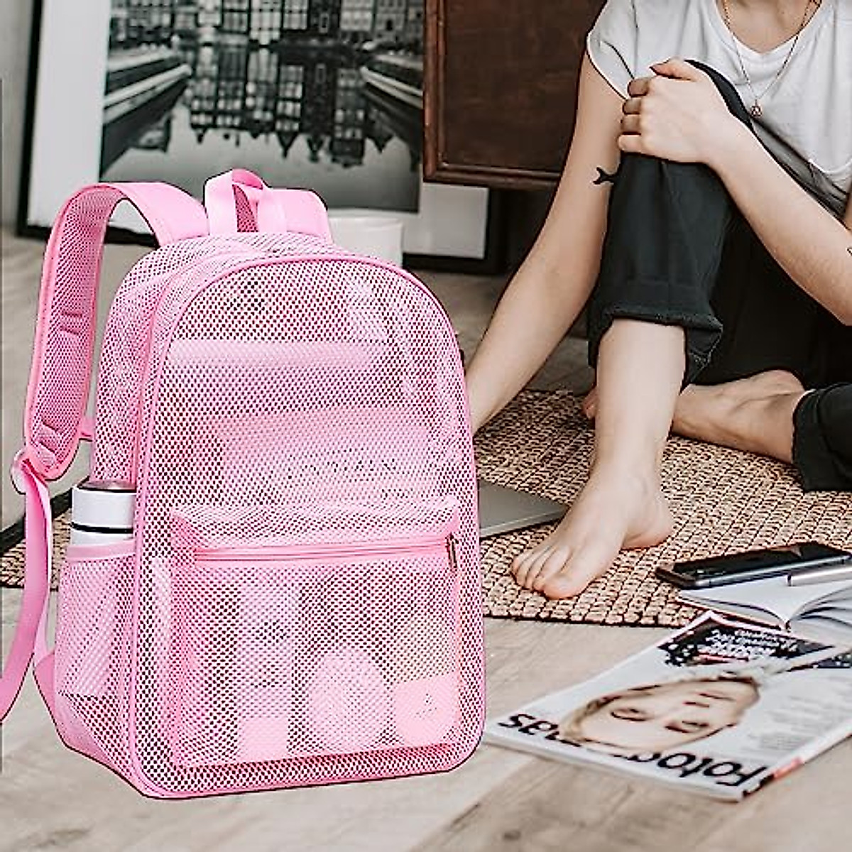 LEDAOU Mesh Backpack for Kids Girls Semi-Transparent Mesh School Backpack Bookbag Lightweight Casual Daypacks for Beach Gym(Pink)