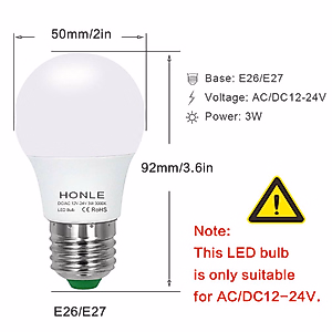 Honle E26 LED Light Bulbs 3W 12V Low Voltage Warm White 3000K E27 Edison Standard Screw Base 25W Equivalent Pack of 2