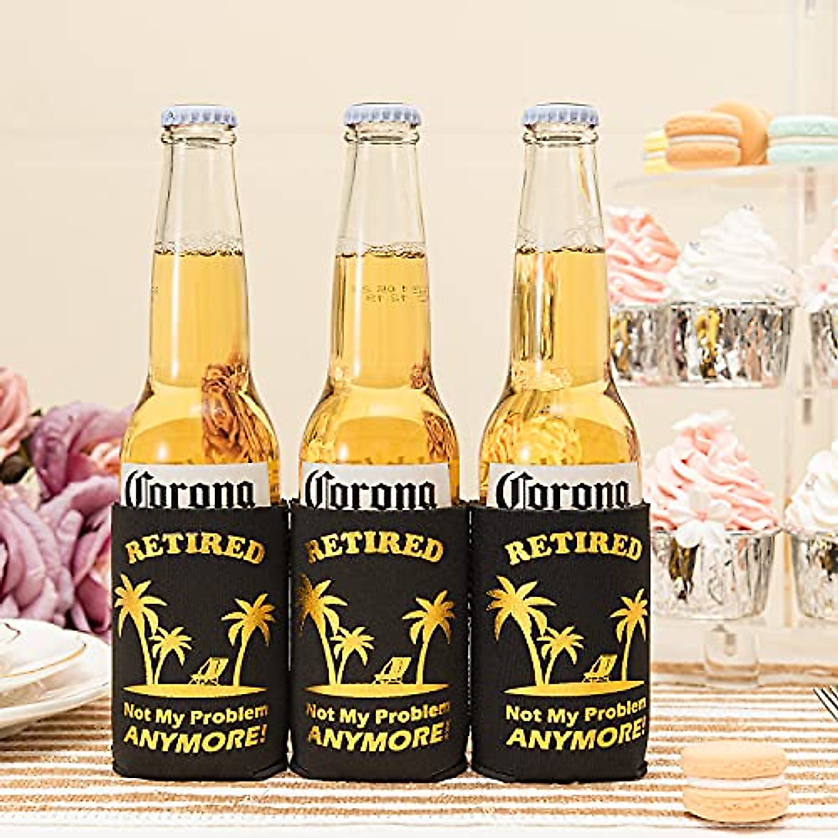 Crisky Retirement Gifts for Men & Women, 12 Pcs Beverage Can Coolers, Vacation Beer Sleeves for Retirement Party Decorations Favor, Retired Gift Ideas Insulated Drink Holder 12 Pack, Black & Gold