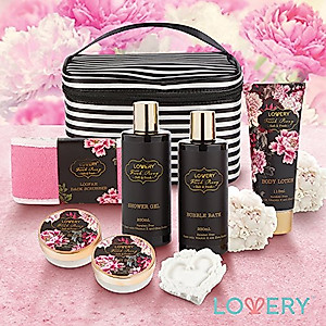 Valentines Day Home Spa Gift Basket, 8pc Bath & Body Set For Women and Men, Fresh Peony Scent - Contains Shower Gel, Bubble Bath, Lotion, Bath Salt, Body Scrub, Bath Soap, Back Scrubber & Cosmetic Bag