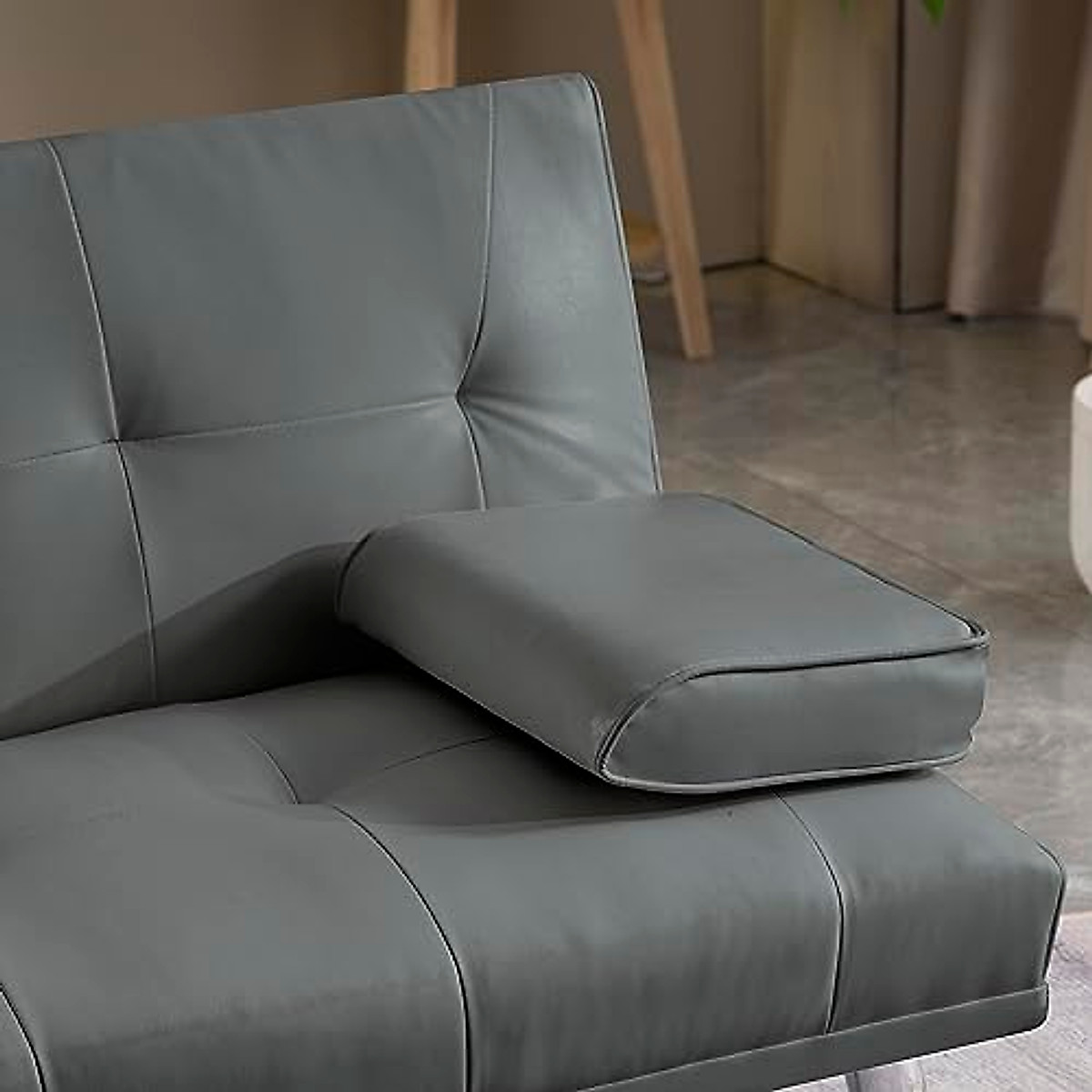 Anwick Modern Leather Futon Sofa Bed,Convertible Folding Couch Recliner Sleeper Loveseat for Small Space,Apartment,Office,Dorm,with Cup Holders and Removable Armrest (Gray-New)