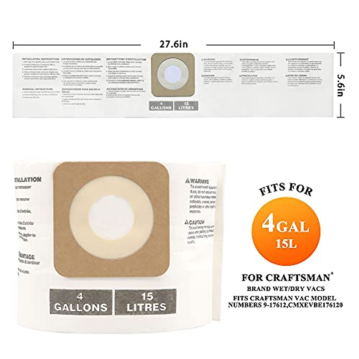 6 Pack Vac Bags fit for Craftsman 4 Gallon Fine Dust shop vec and DeWALT DXV04T 4 Gallon,Part# CMXZVBE43270,4 Gallon Shop Vacuums 9-17612 (A)