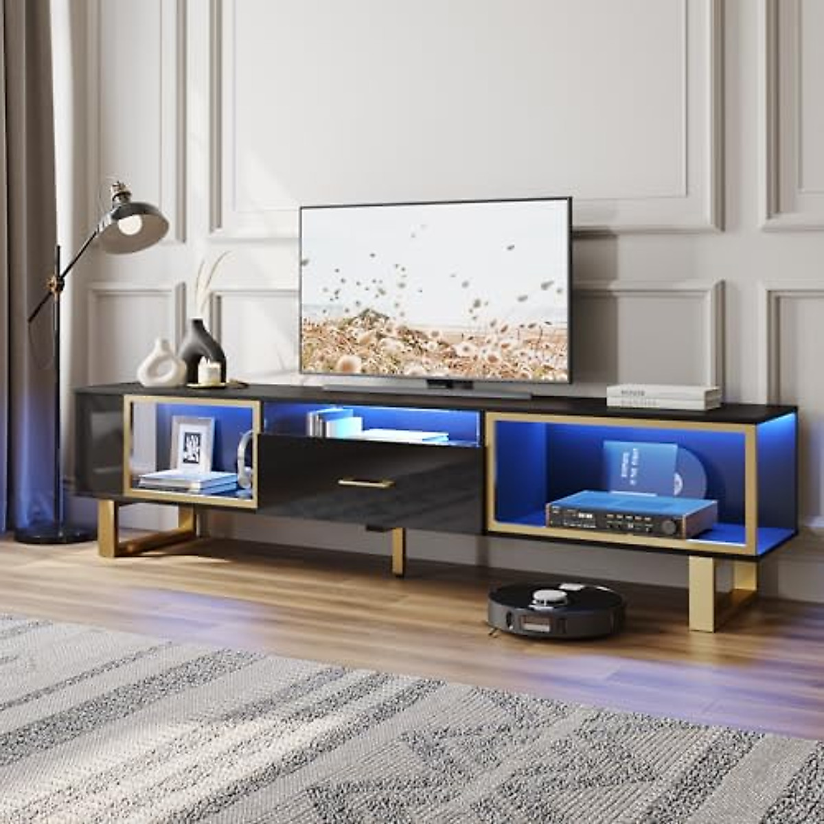 Bestier 70 Inch TV Stand for 75/77/80 Inch TV, LED Gaming Entertainment Center with Open Storage & Drawer, Modern High Gloss TV Console Table for Living Room Bedroom, Black and Gold