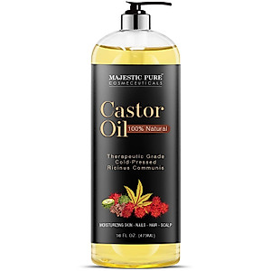 Majestic Pure Castor Oil | 100% Natural | Premium Grade Cold Pressed | Hair, Eyelashes, Eyebrows, Nails | Moisturizing & Nourishing | Body, Hair & Carrier Oil | 16 Fl Oz
