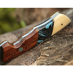 SHOKUNIN USA CaptainHook Hunting Knife High Carbon Steel Damascus Fixed Blade Full Tang Survival Tactical Knife with Sheath and Non-Slip Ergonomic Handle for Outdoor Camping