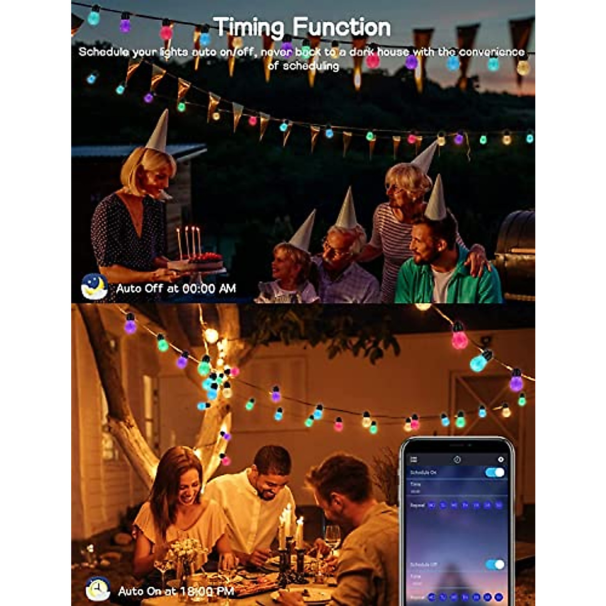 YSJ 49ft Outdoor String Lights for Outside, RGBW Patio Lights with App and Remote Control, IP66 Waterproof, Shatterproof, 8 Scene Modes, with 15 Dimmable LED Bulbs for Balcony, Cafe, Backyard, Garden