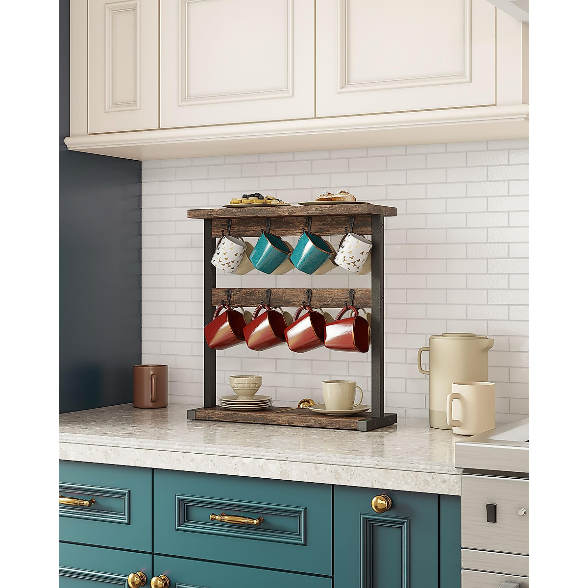 OROPY Wood Coffee Mugs Holder for Counter with 16 Hooks, 2 Tier Mugs Tree with Top Storage Shelf, Vintage Countertop Mug Rack Stand for Home Coffee Bar Storage and Display