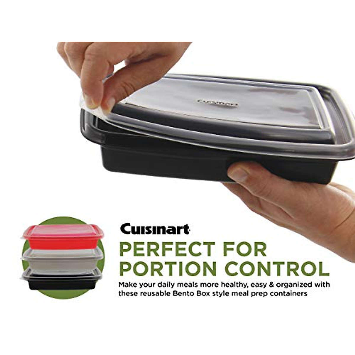 Cuisinart 1 Compartment Meal Prep Containers, 24 Piece, Set of 12 BPA Free Food Storage Containers with Lids-Reusable, Stackable Bento Box Containers-Microwave, Dishwasher, Freezer Safe-Black, 28.75oz