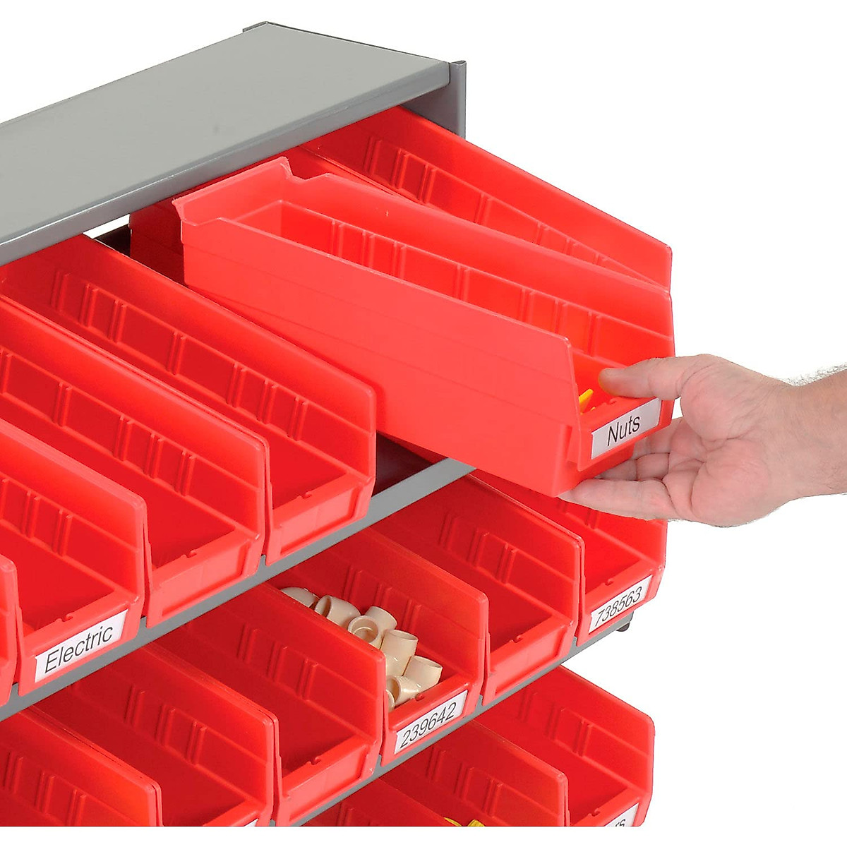 Global Industrial 3 Shelf Bench Rack, (24) 4" W Red Bins, 33x12x21