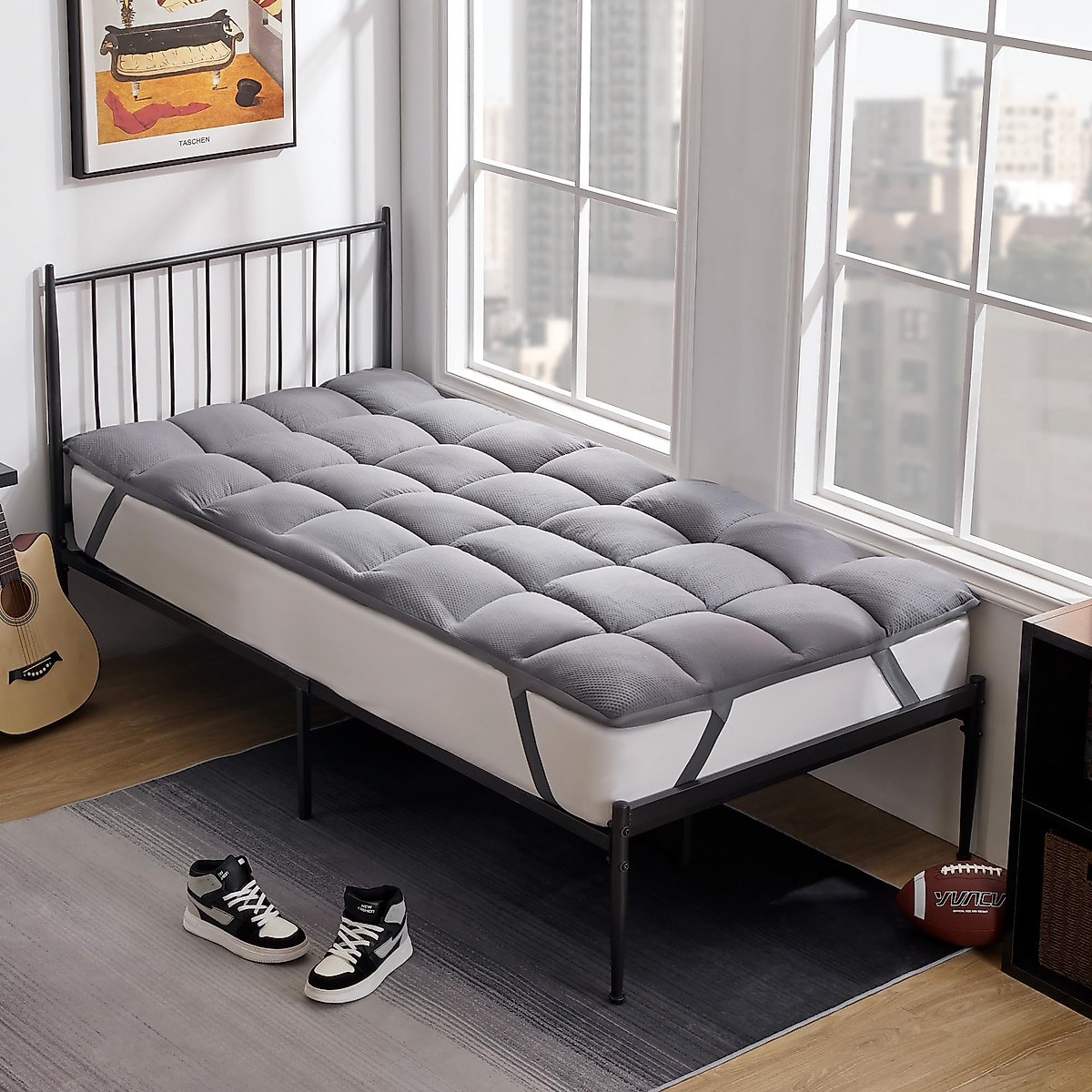 SLEEP ZONE Cooling Mattress Topper Twin Size Quilted Fitted Mattress Pad Cover, Soft Fluffy Down Alternative Pillow Top Bed Topper Deep Pocket 8-21 Inch (Grey, Twin)