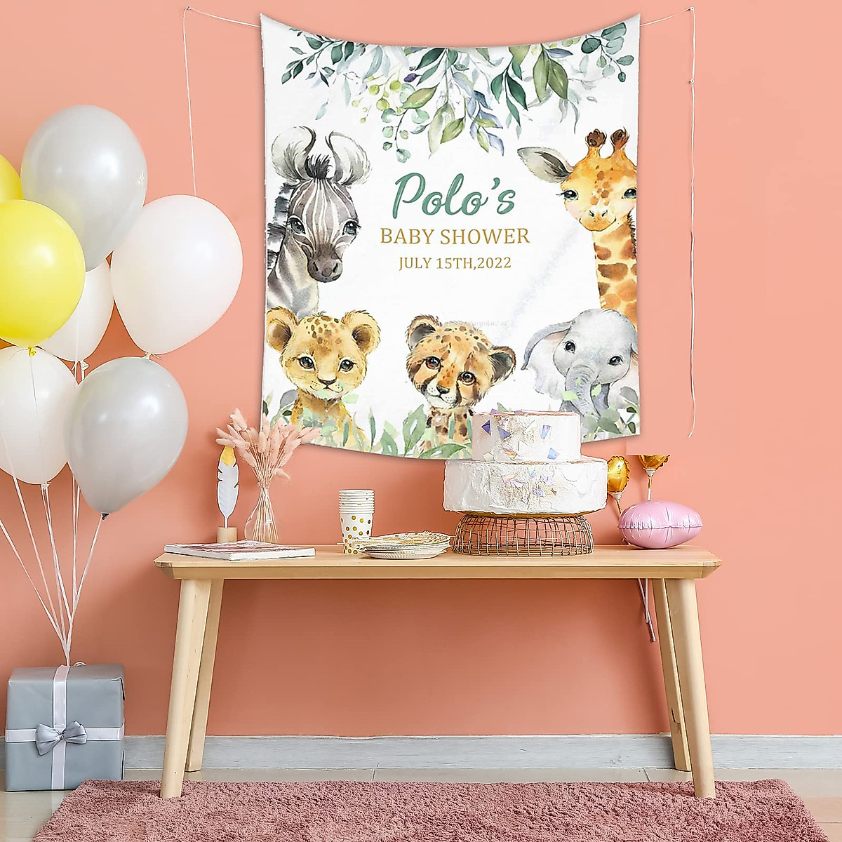 Personalized Safari Baby Shower Backdrop, Custom Name Date Jungle Animals Baby Shower Background for Boy, Baby Shower Party Photo Booth Backdrop Banner,Safari Baby Shower Decorations for Boy