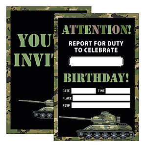 UDNADKEX Army Birthday Invitations for Boys with Envelopes, Invites for Birthday Party Camo Military, Camouflage Tank Birthday Party Invitations Cards, Attention The Duty, 4"x6" Set of 20